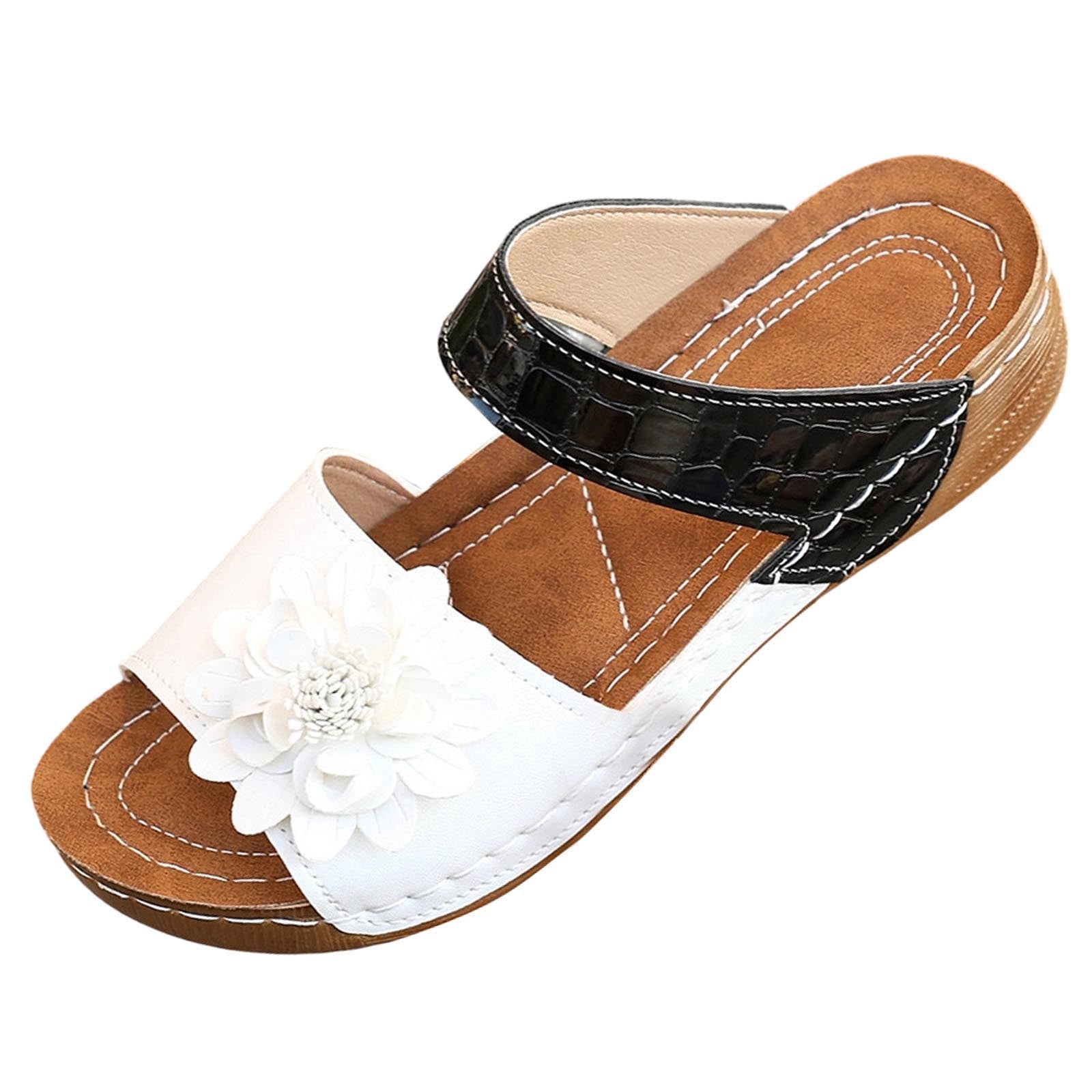 Black Womens Floral Wedge Heel Slippers Open Toe Fish Mouth Thick Sole ...