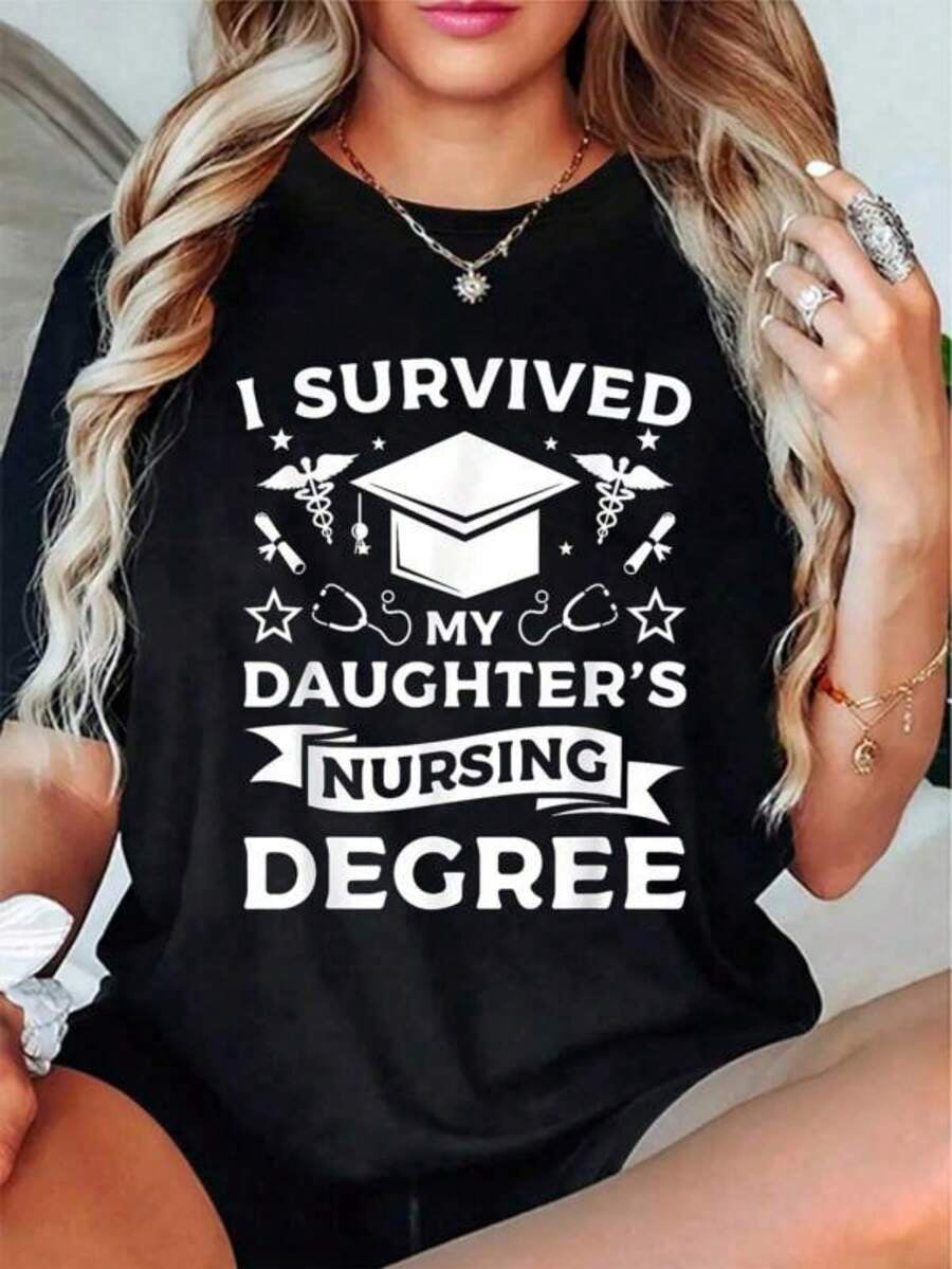 Black Womens Graphic Print Round Neck T-Shirt I Survived My Daughters ...