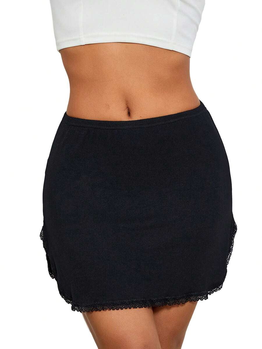 Black Womens Half Slip With Elastic Waist, Lace Trim, Split Side ...