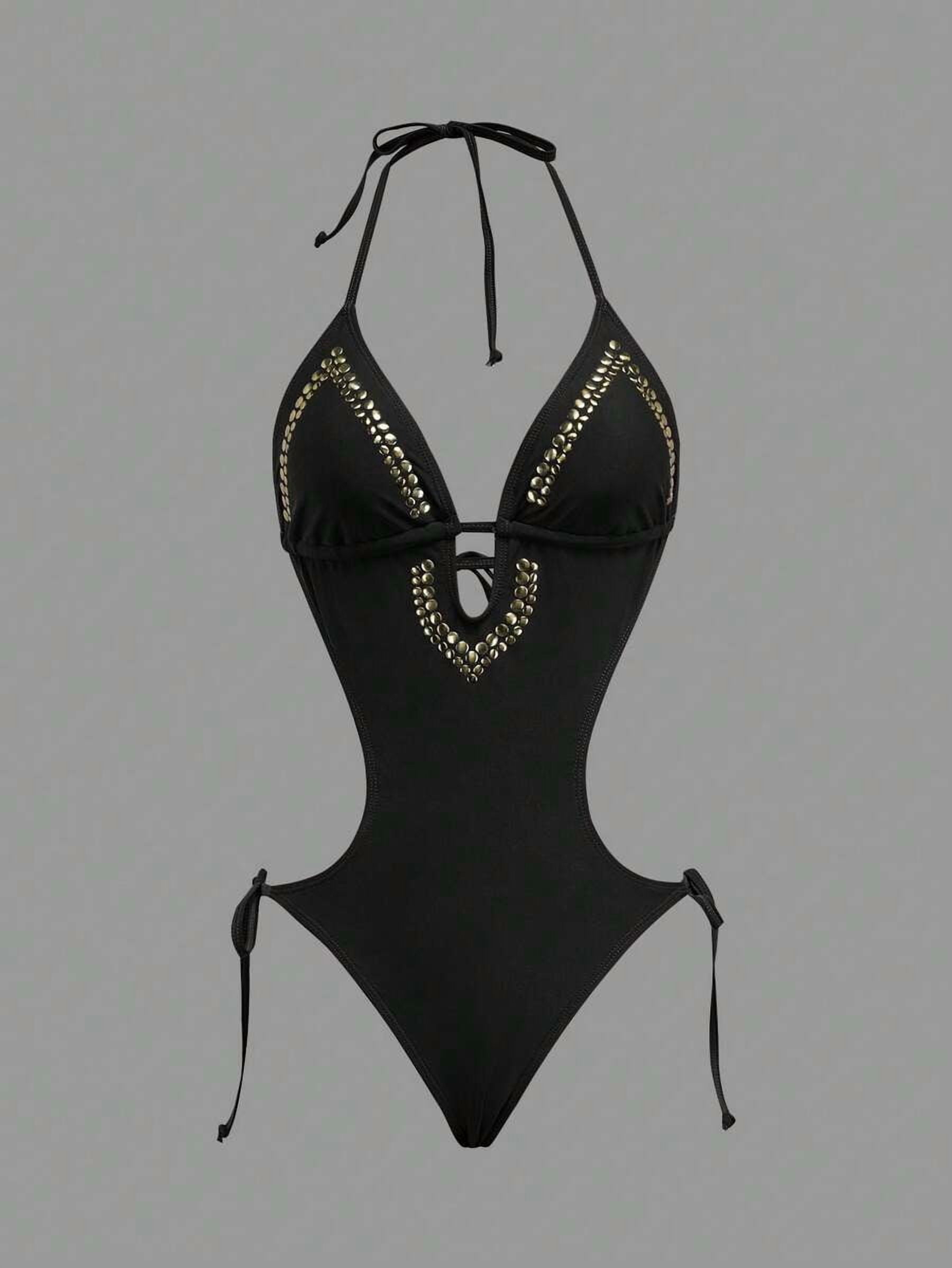Black Womens Halter One-Piece Swimsuit With Gold-Tone Studded V-Neck ...