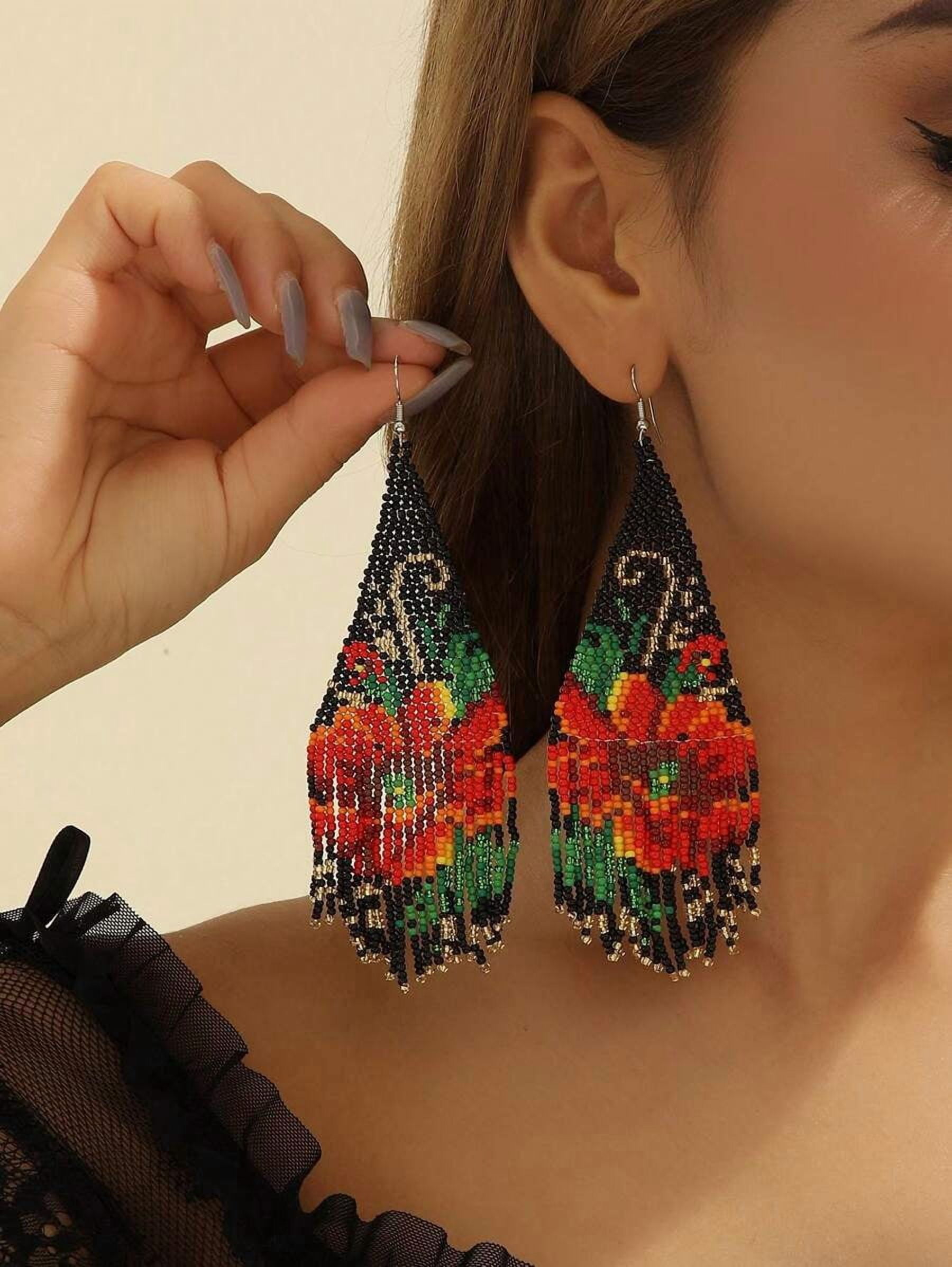 Black Womens Handmade Beaded Dangle Earrings, Bohemian Floral Pattern ...
