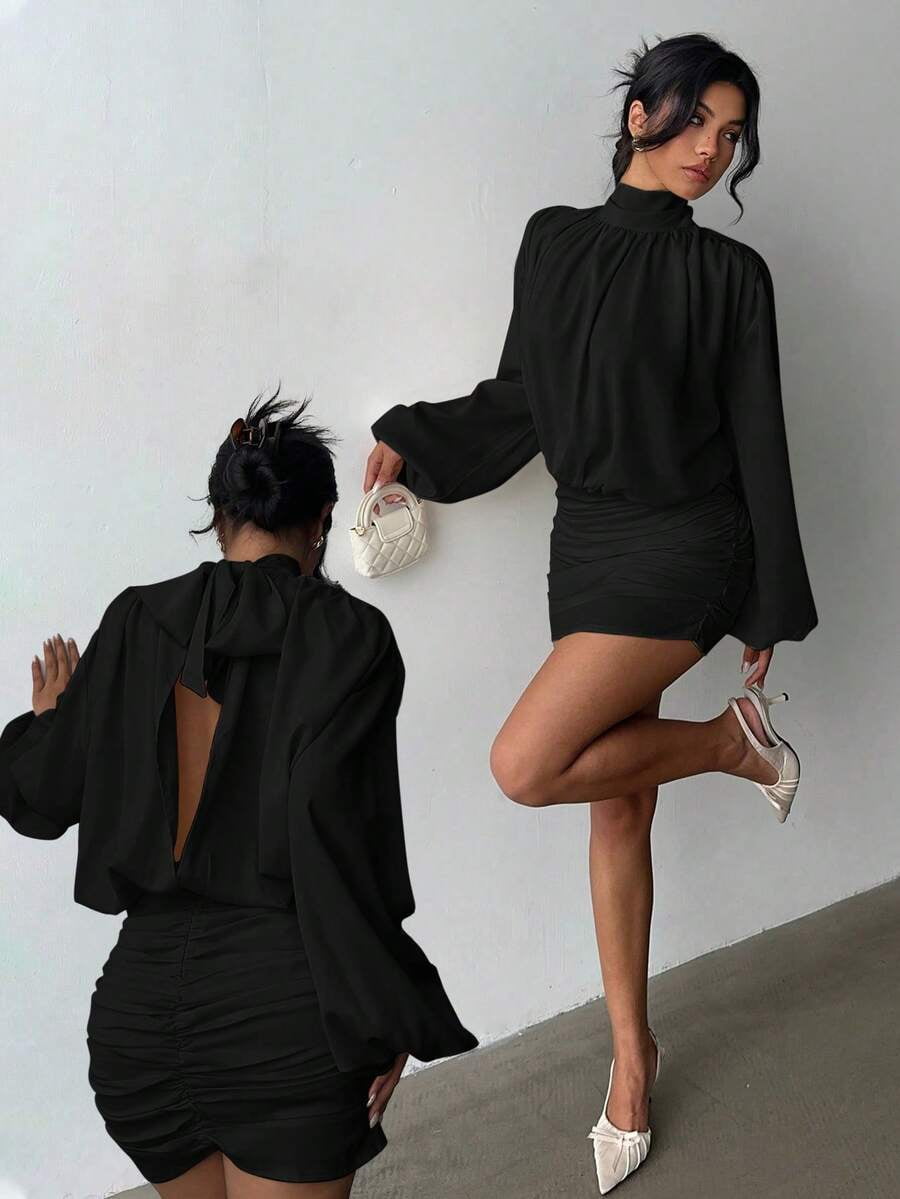Black Womens High-Neck Backless Mini Dress With Ruched Skirt And ...