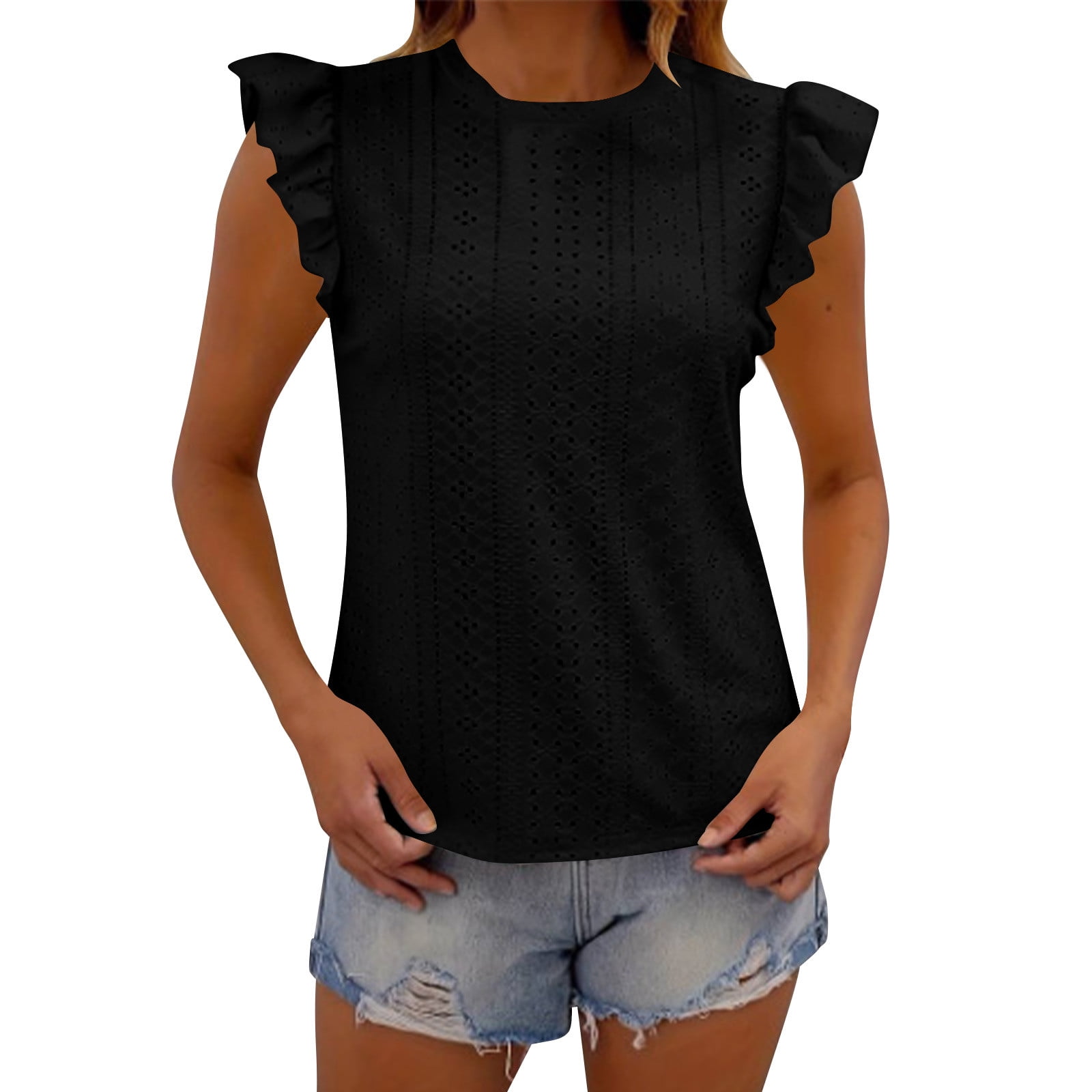 Black Womens Jacquard Cut Out Eyelet Crochet Cable Knit Basic Tshirts ...