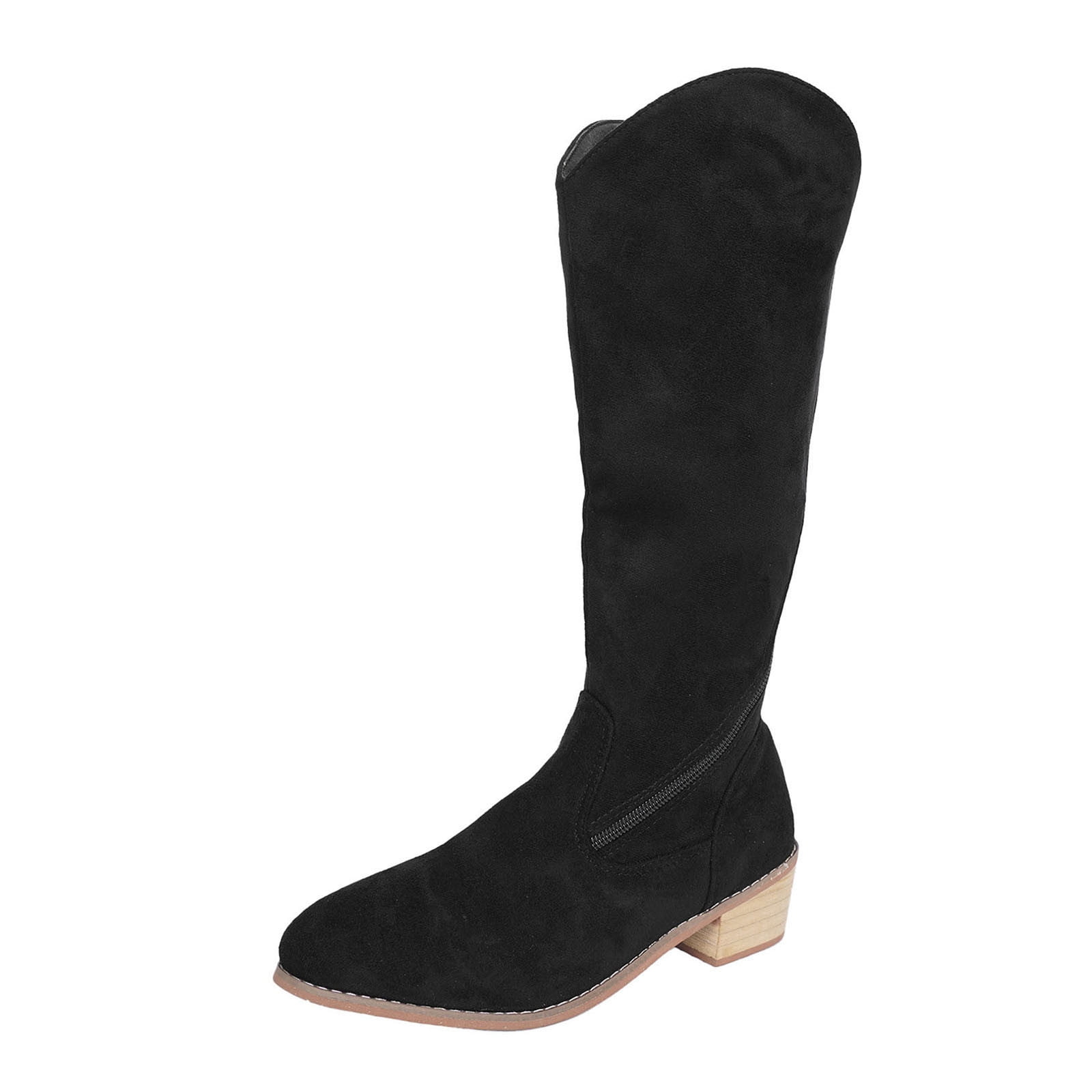 Black Womens Knee High Boots With Pointed Toe Low Heel Back Zipper ...