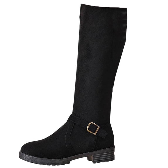 Black Womens Knee High Round Toe Boots Mid Heel Solid Color Casual ...