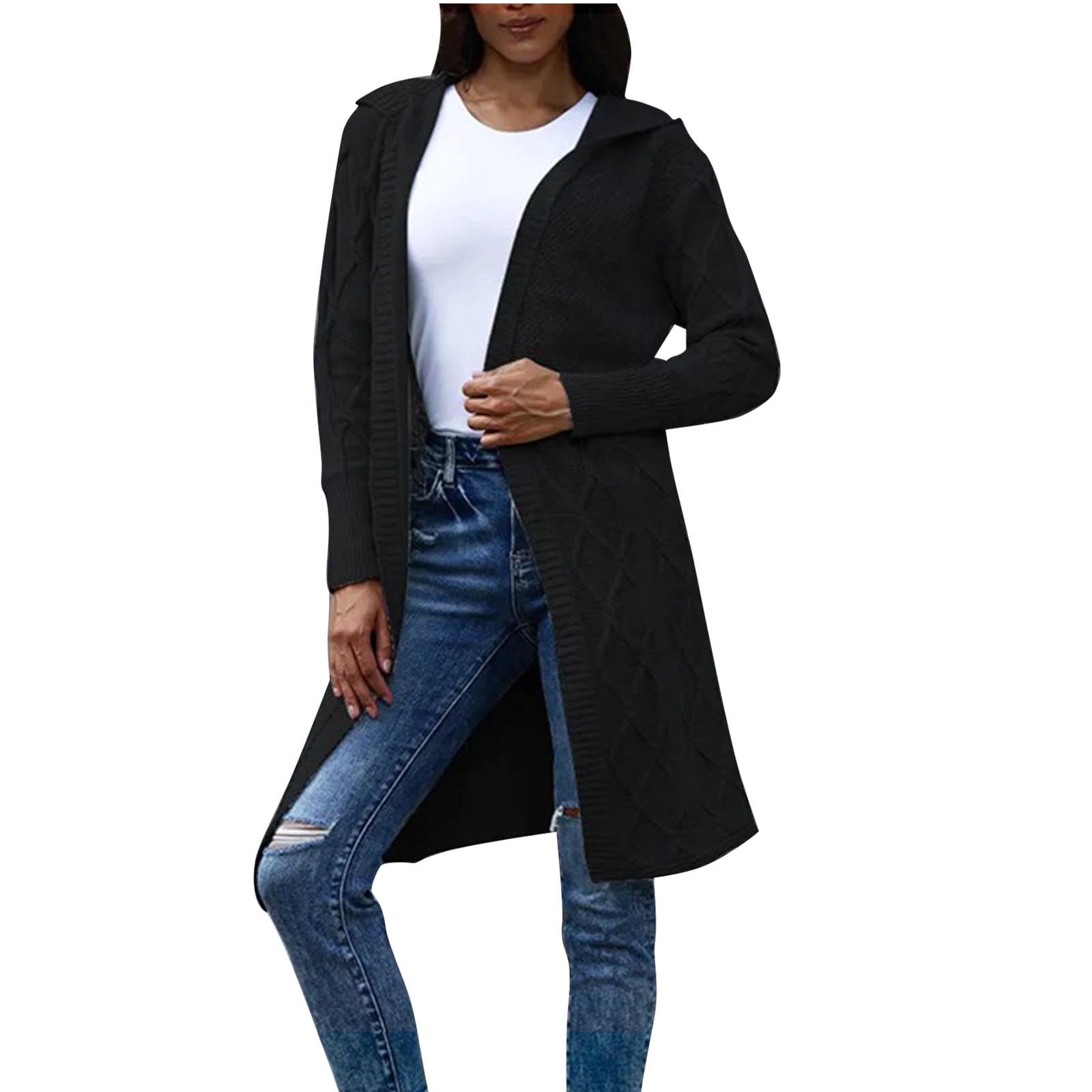 Black Womens Long Hoods Coats for Ladies Sweater Casual Crochet Hooded ...