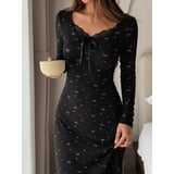 Black Womens Long Sleep Dress With Bow Print, Lace V-Neck, Tie Front ...