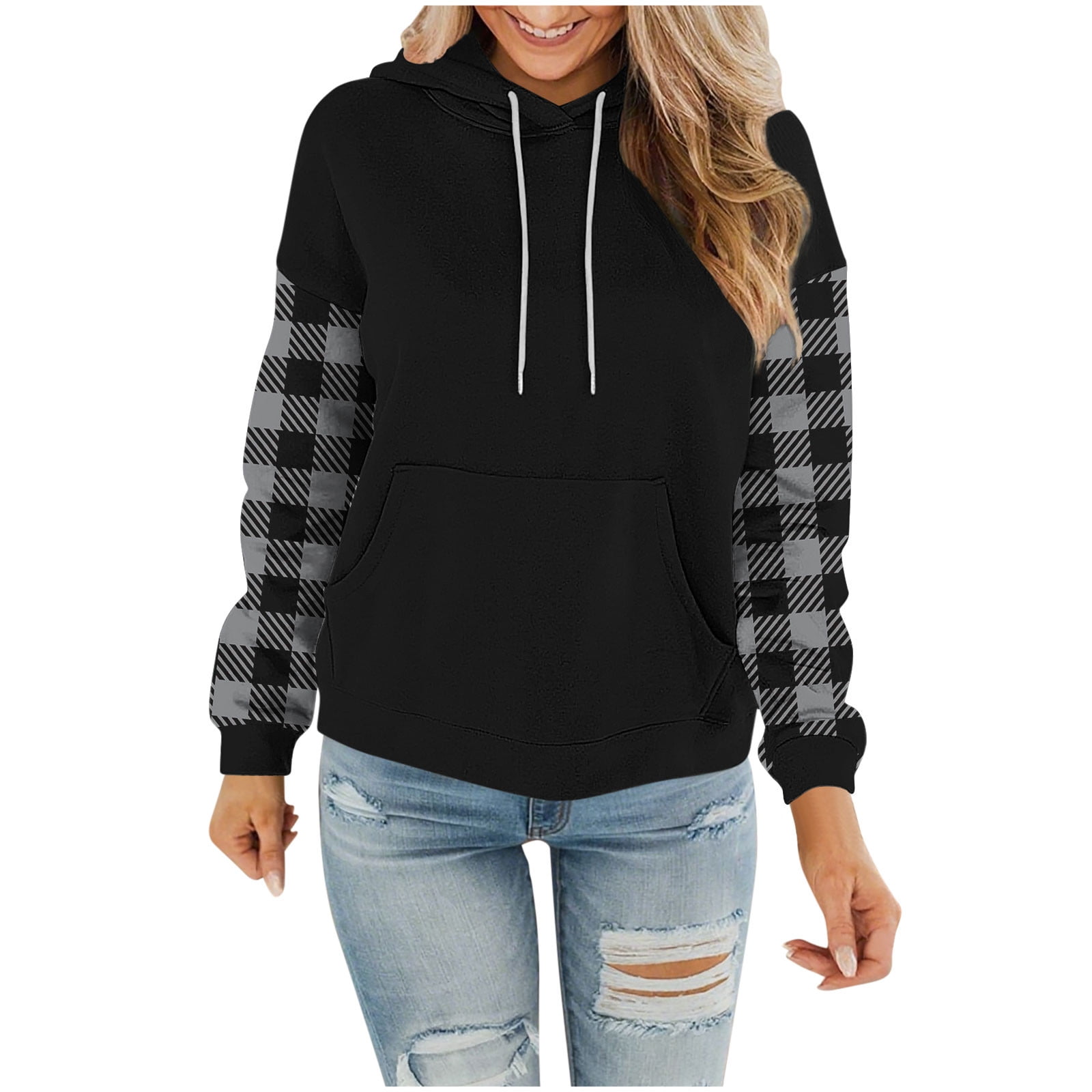 Black Womens Long Sleeve Color Block Loose Fit Hoods Shacket Outfits ...