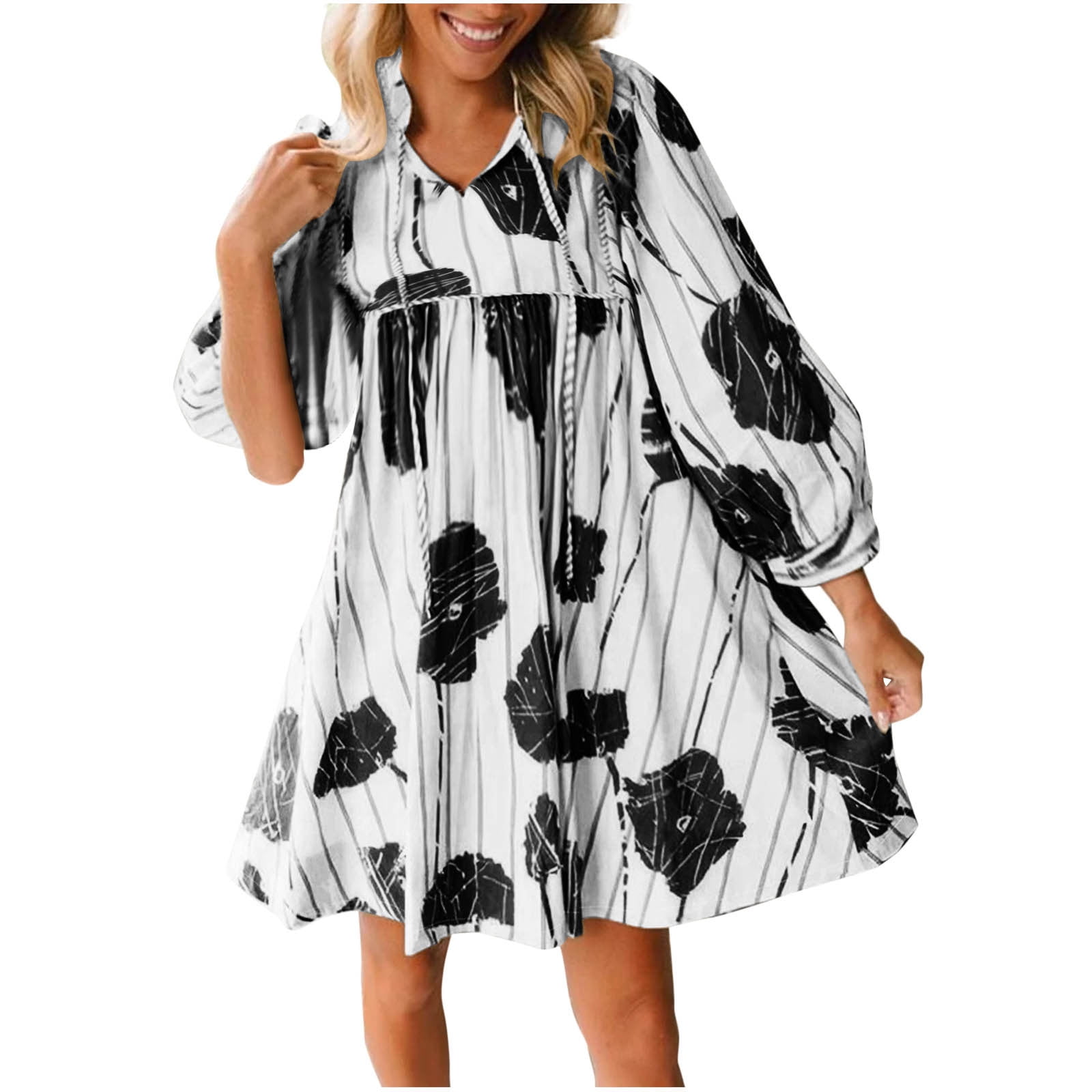 Black Womens Long Sleeve Dresses Floral Loose Fit Oversized Dresses ...