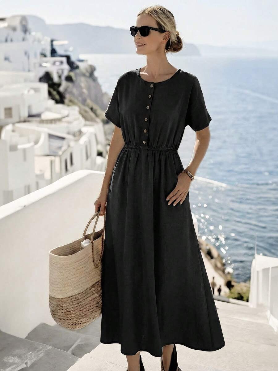 Black Womens Loose Fit Short Sleeve Button-Front A-Line Midi Dress ...
