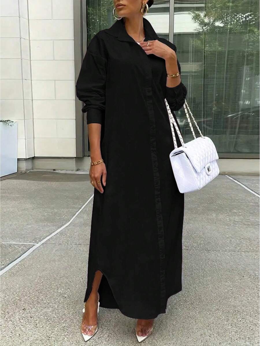 Black Womens Loose Shirt Dress With Collar, Long Sleeve, Side Slit ...