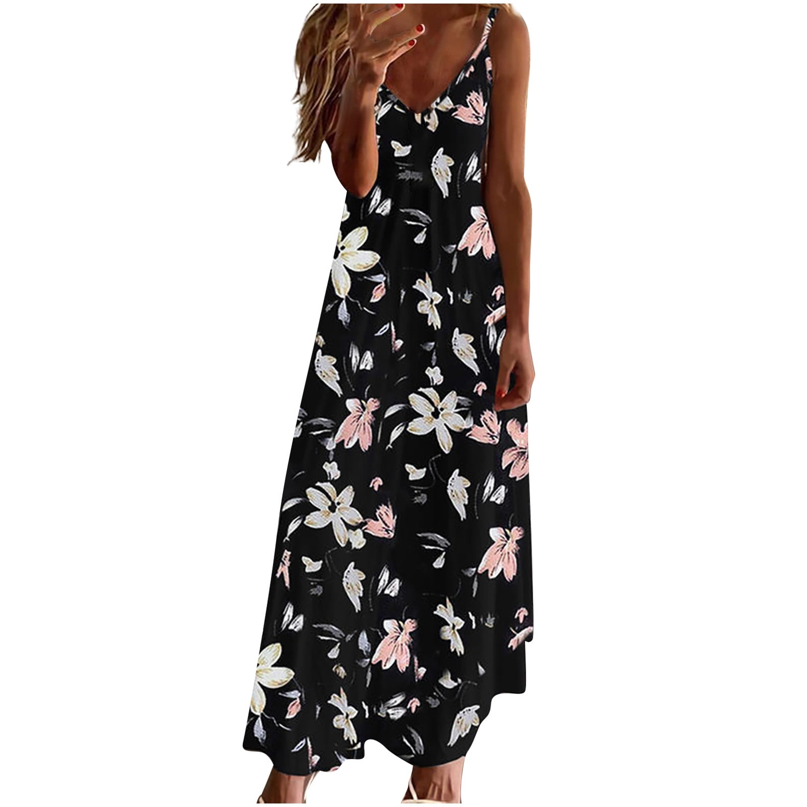 Black Womens Maxi Long Floral Graphic Loose Fit Dresses Sun Dress for ...
