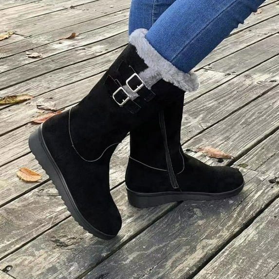 Black Womens Mid Calf Boots Side Zipper Thick Sole Slip Resistant ...