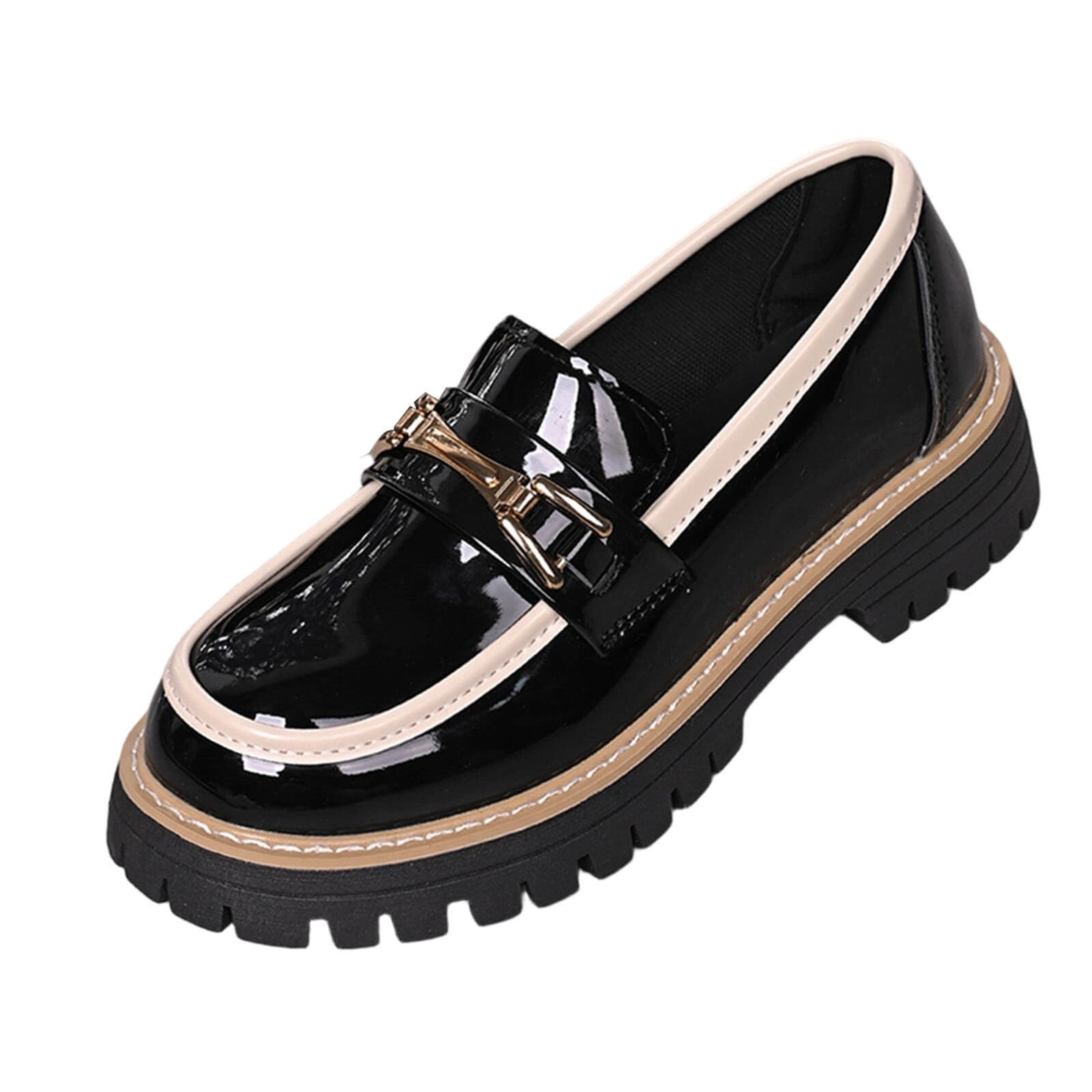 Black Womens Mid Heel Loafers Casual Shoes Round Toe Thick Sole Shiny ...