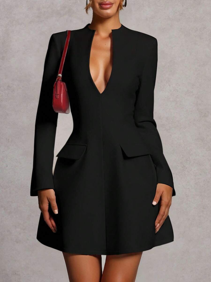 Black Womens Mini Solid Long Sleeve V-Neck Jacket Dress With Front ...