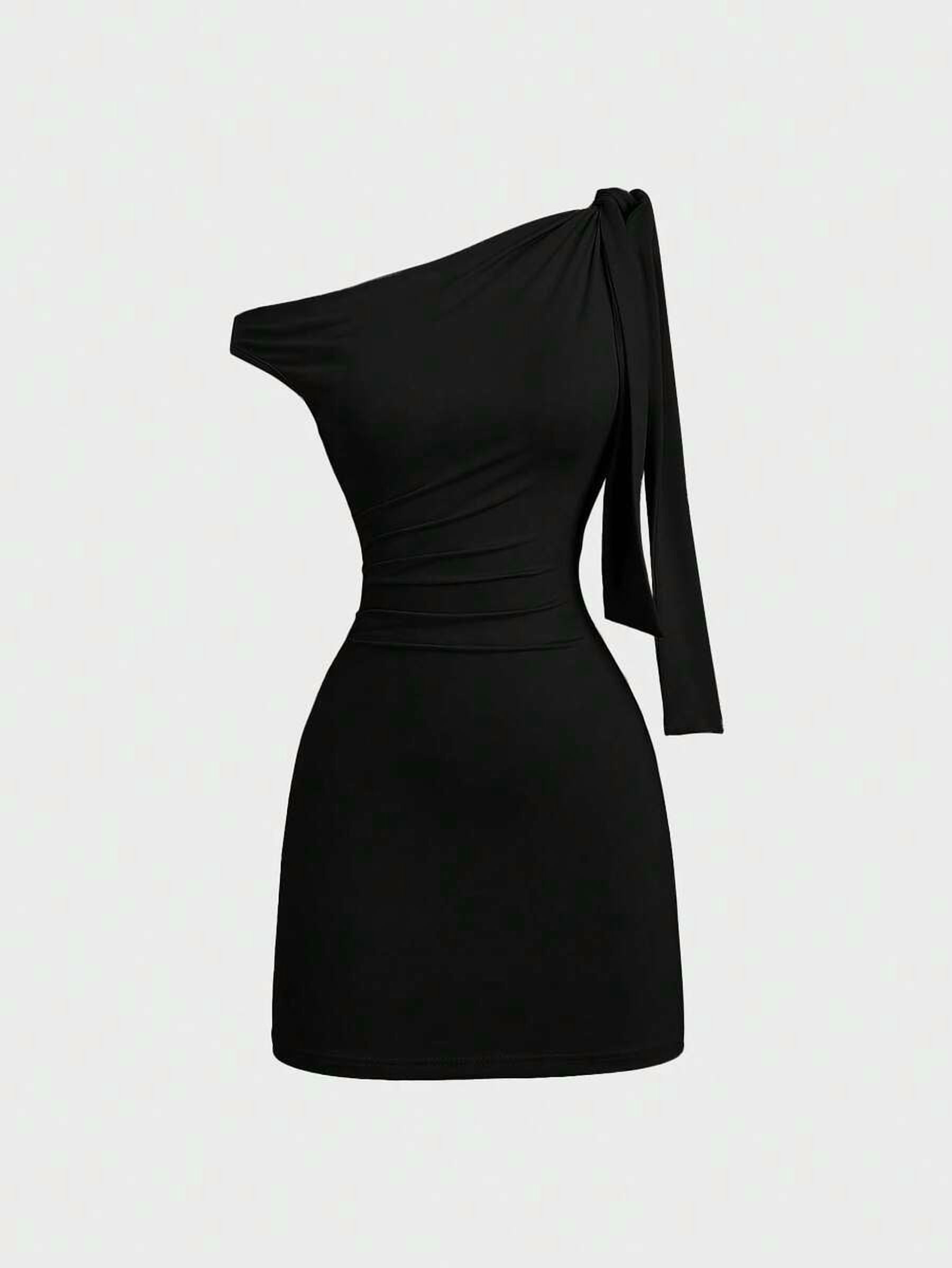 Black Womens One Shoulder Ruched Bodycon Mini Dress With Tie Detail ...