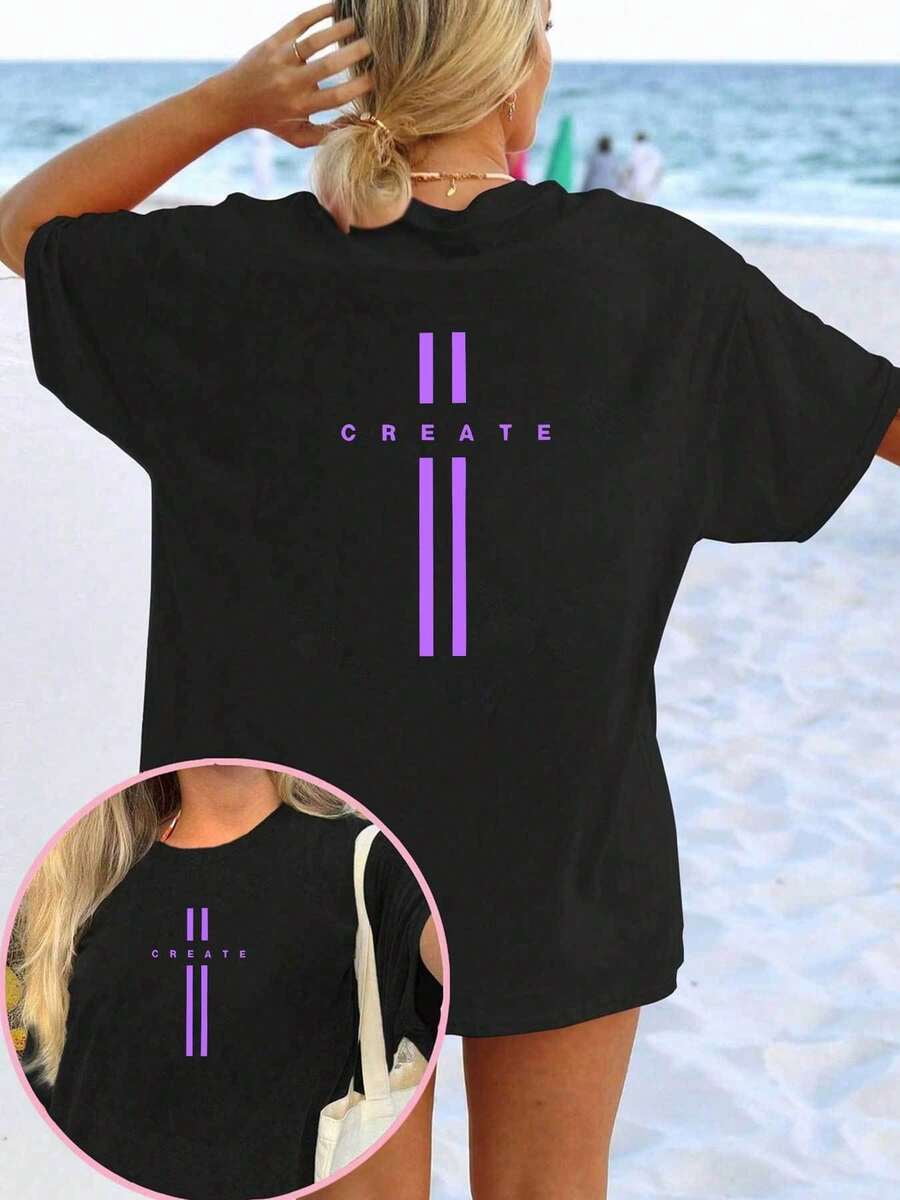 Black Womens Oversized Graphic T-Shirt With Purple CREATE Print, Round ...