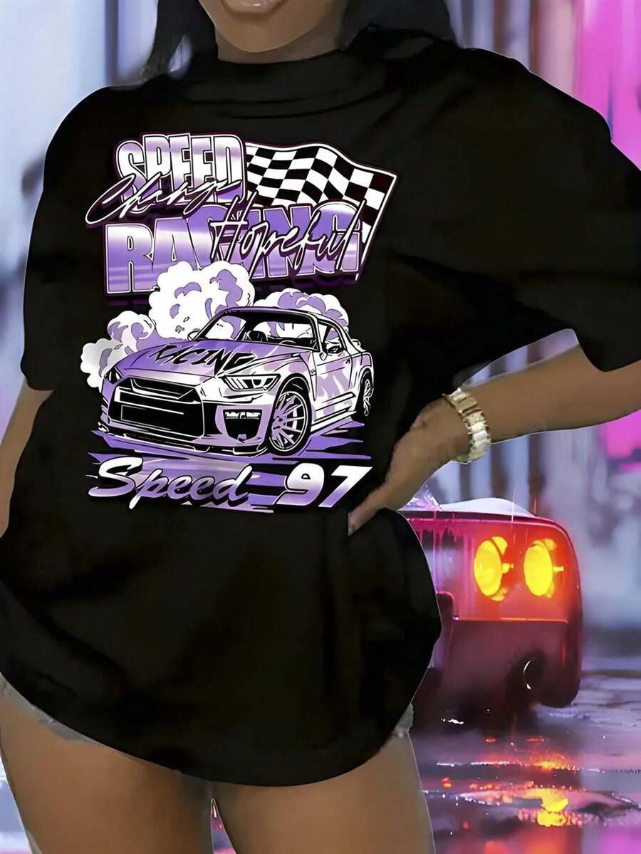 Black Womens Oversized Graphic Tee With Speed Racing Car Print, Crew ...