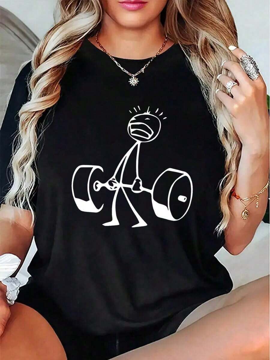 Black Womens Oversized Graphic Tee With Stick Figure Lifting Weights ...