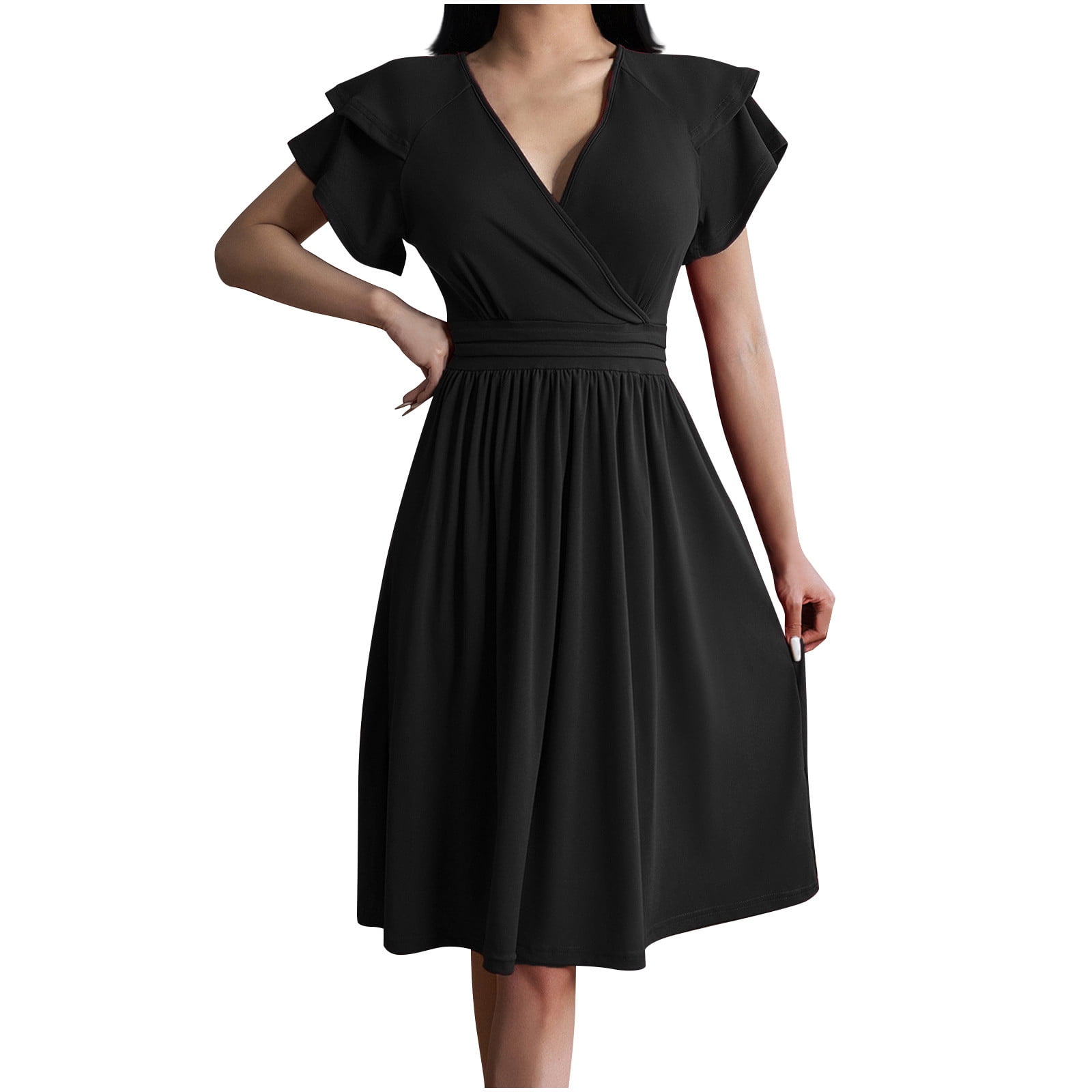 Black Womens Plain Midi Knee High Dresses for Women Short Sleeve V Neck ...