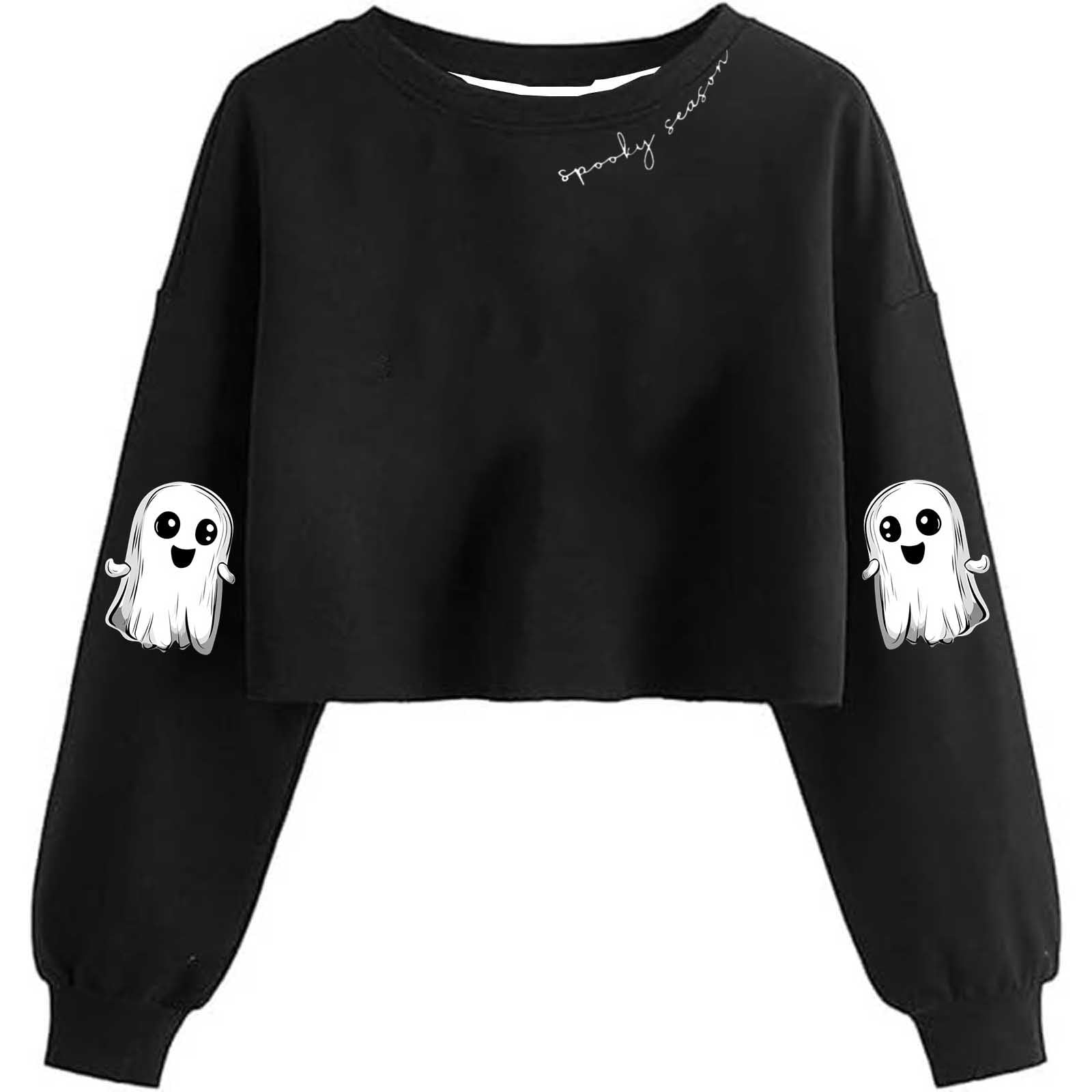 Black Womens Print Loose Fit Crewneck Hood Outfit Sweatshirt for Ladies ...