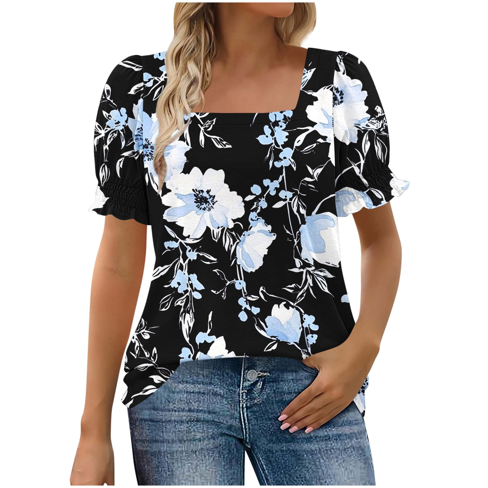 Black Womens Print Tshirts Square Neck Spandex Tops Tee for Women Short ...