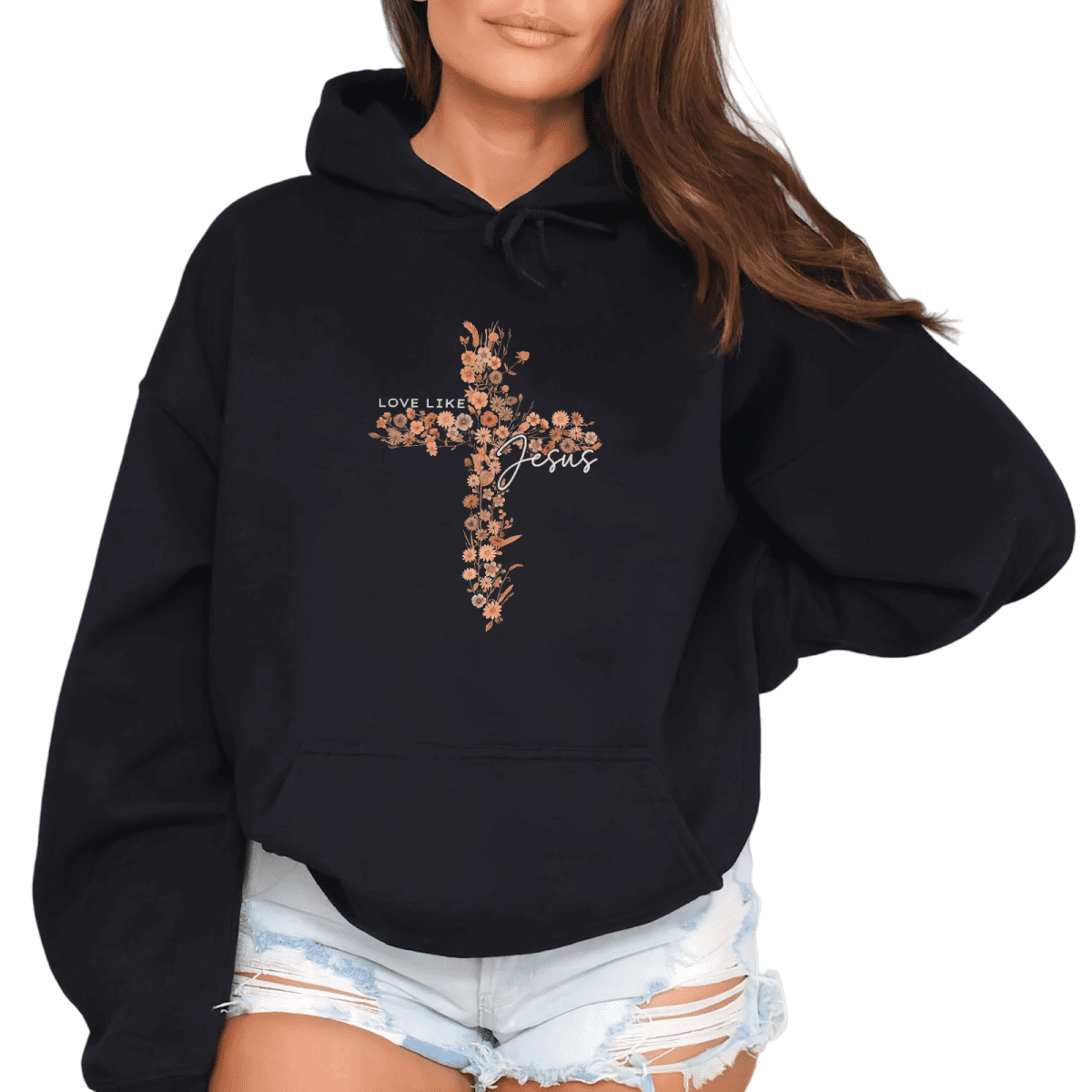 Black Womens Print hoodie Graphic Sweatshirt Floral Cross LOVE LIKE ...