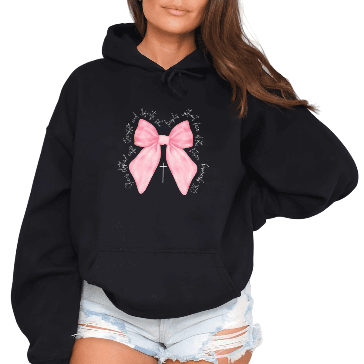 Black Womens Print hoodie Graphic Sweatshirt Pink Bow White Womens ...