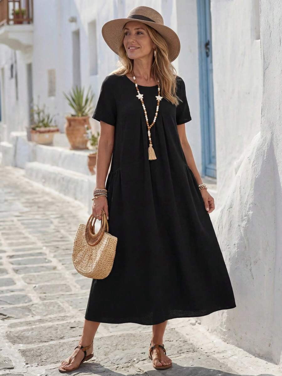 Black Womens Relaxed Fit Midi Dress With Pockets, Bohemian Summer Style ...