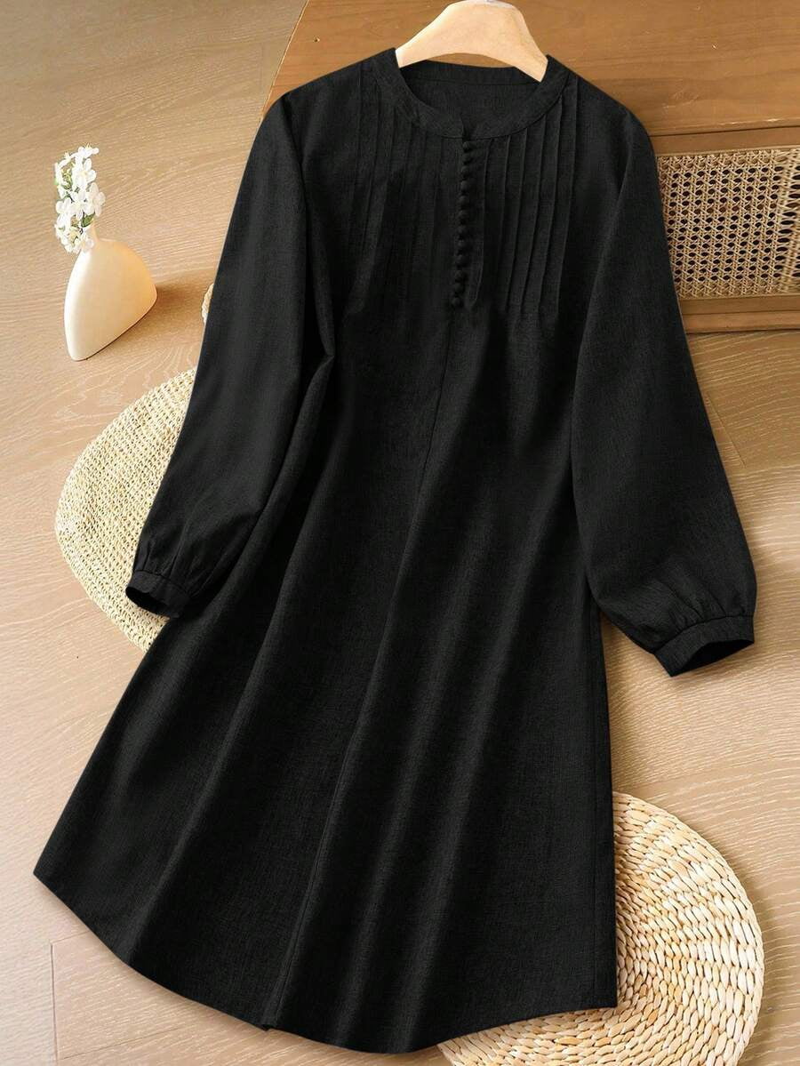 Black Womens Round Neck Long Sleeve Pleated Loose Tunic Mini Dress ...