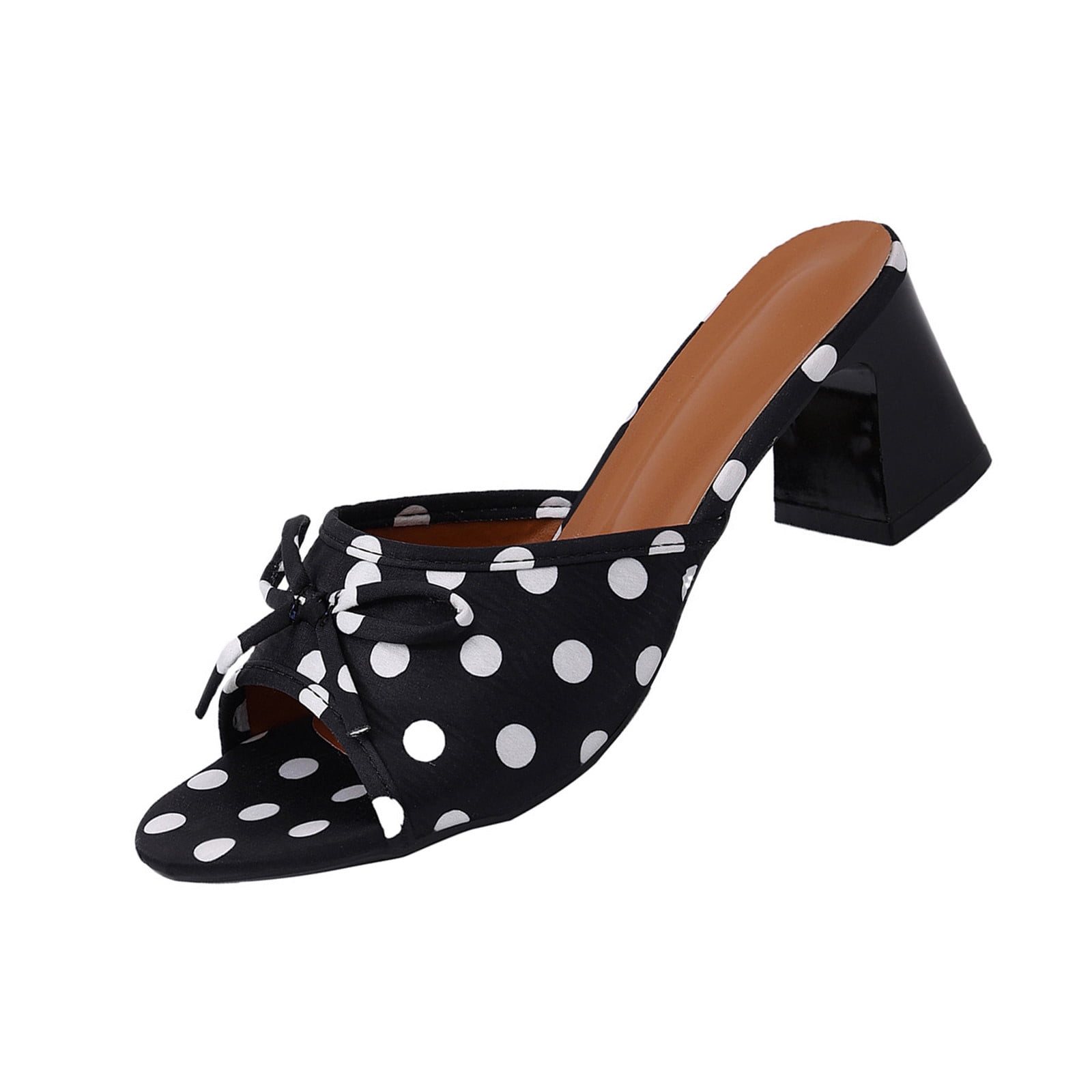 Black Womens Round Toe Block Heel Mules Bow Polka Dot Cushioned Footbed ...