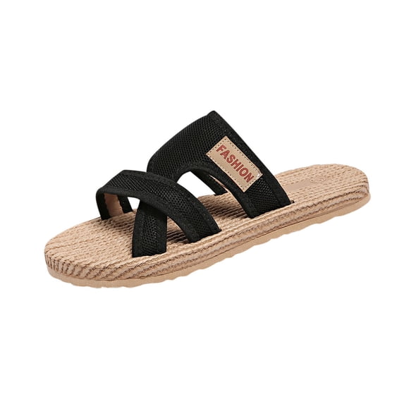 Black Womens Round Toe Open Toe Flat Slippers Breathable Mesh Slip On ...