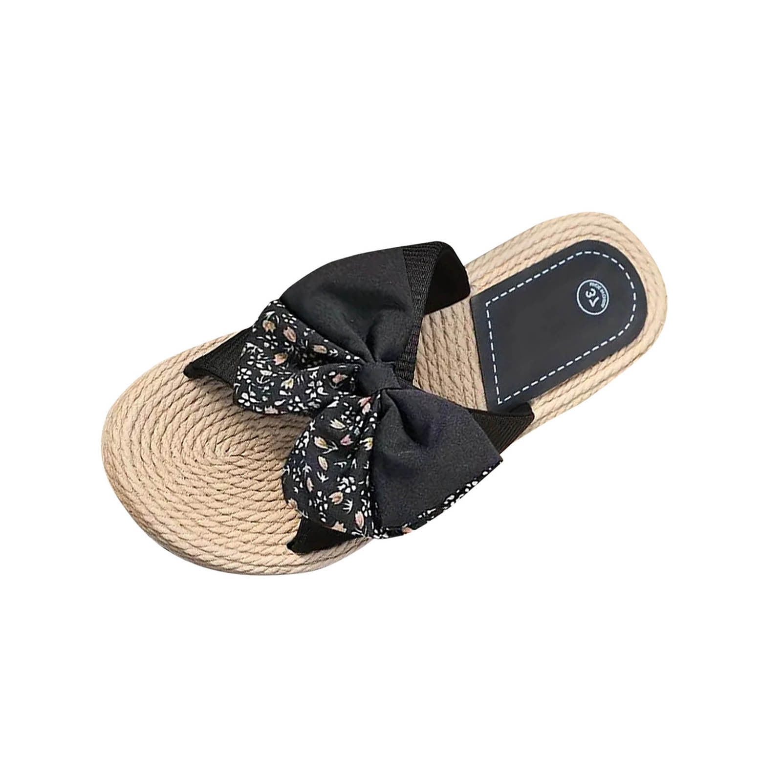 Black Womens Round Toe Open Toe Flat Slippers With Floral Bow Accent ...