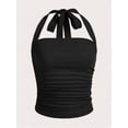 Black Womens Ruched Halter Top With Tie-Neck Detail, Casual Summer ...