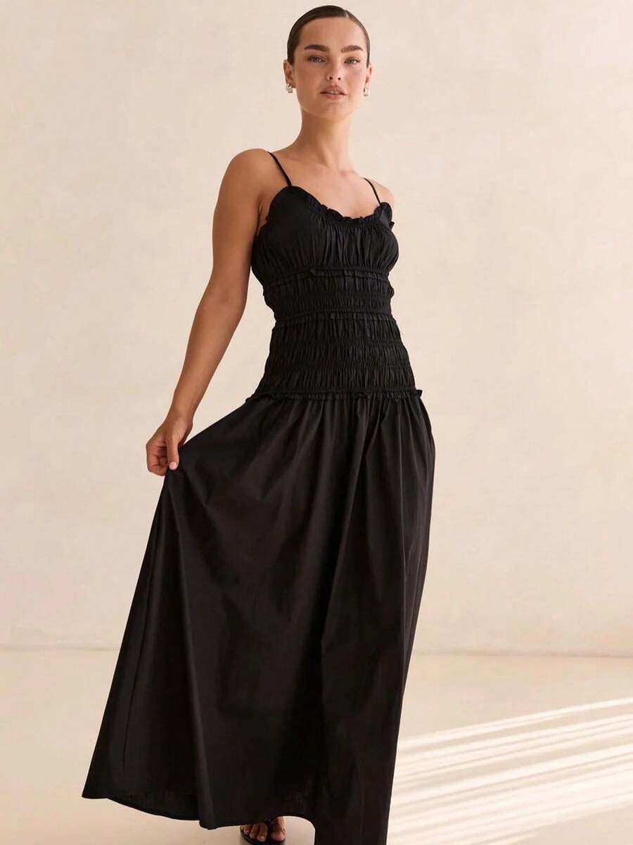 Black Womens Ruffle Trim Spaghetti Strap Maxi Dress With Smocked ...