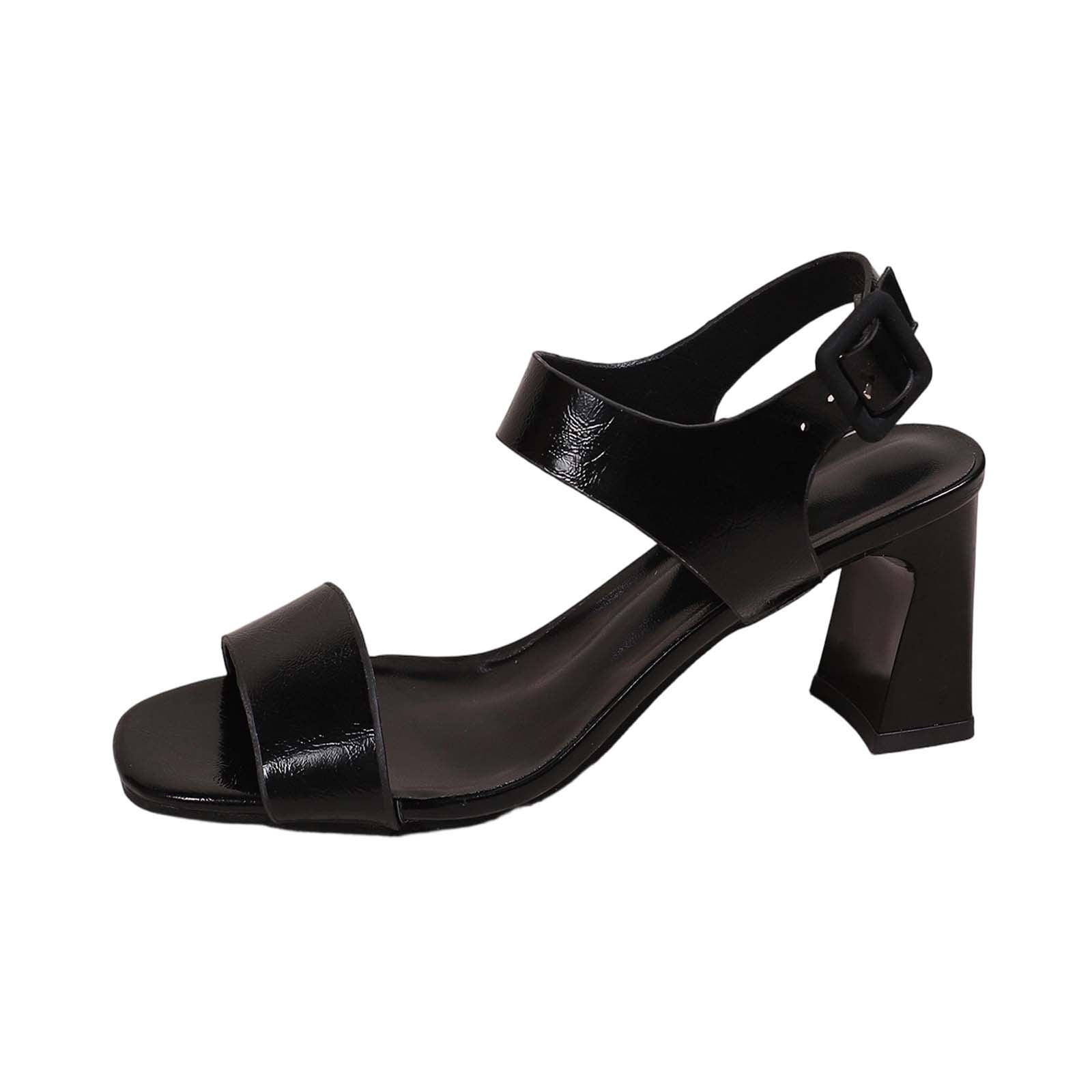 Black Womens Sandals Ankle Strap Square Heel Straight Buckle Strap ...