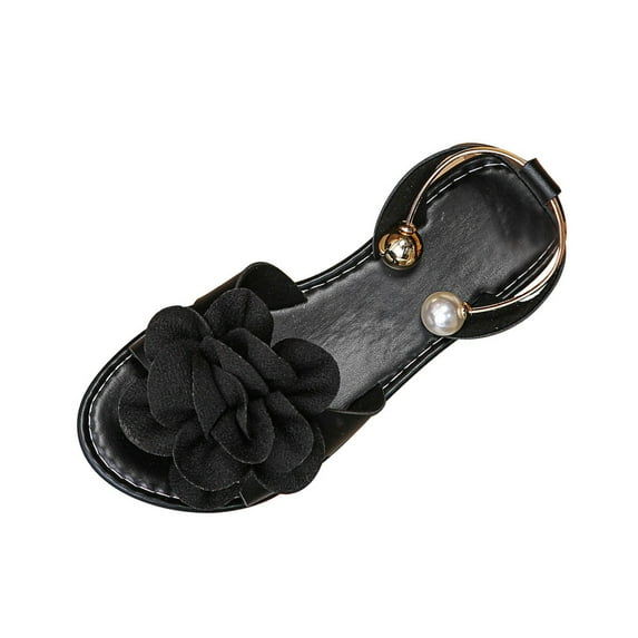 Black Womens Sandals Floral Accents Flat Soft-Sole Sandals Ankle Strap ...