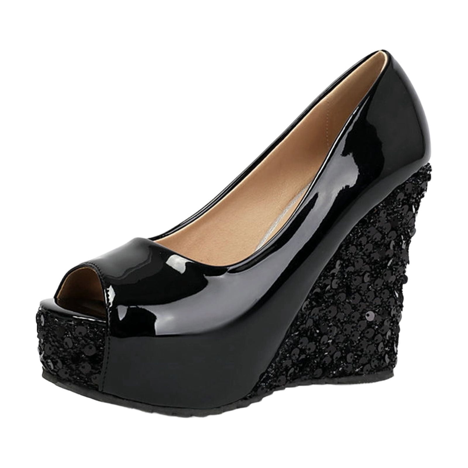 Black Womens Sequin Wedge Heel Fish Mouth Sandals Thick Sole High Heel ...