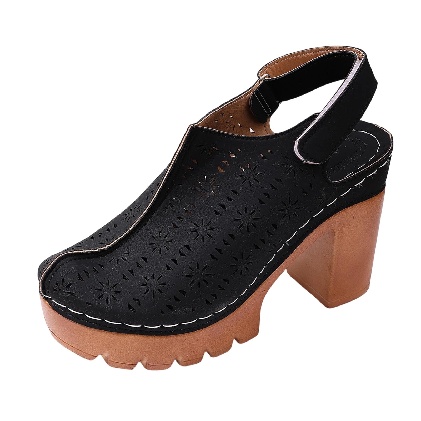 Black Womens Skin Friendly Closed Toe Chunky Heel Sandals Ankle Strap ...