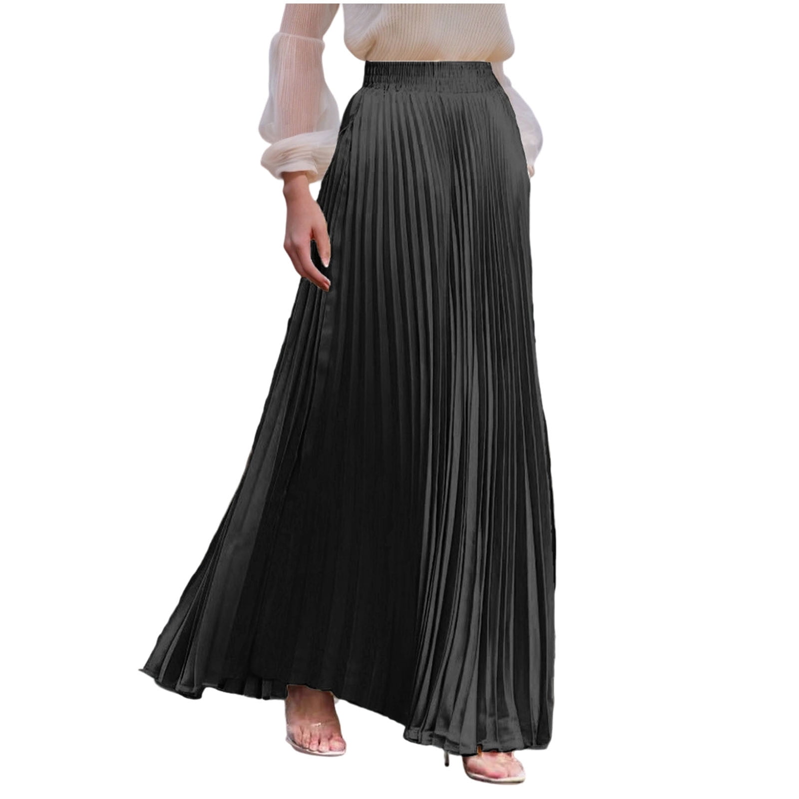 Black Womens Skirts for Ladies Lounge Pleated Flared Wide Leg Elastic ...