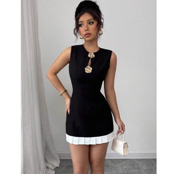 Black Womens Sleeveless Bodycon Dress With Rose Ornament Button Front ...