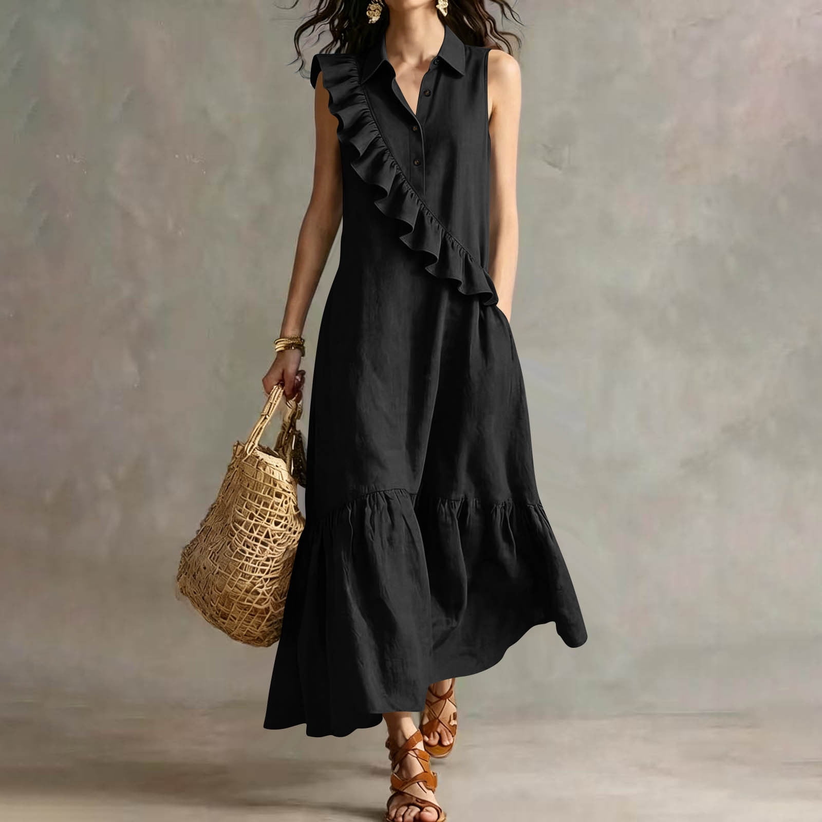 Black Womens Sleeveless Loose Fit Dresses for Women High Neck Happy ...
