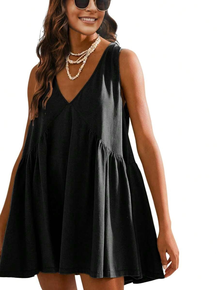 Black Womens Sleeveless Mini Sundress Casual Loose V-Neck A-Line Dress ...