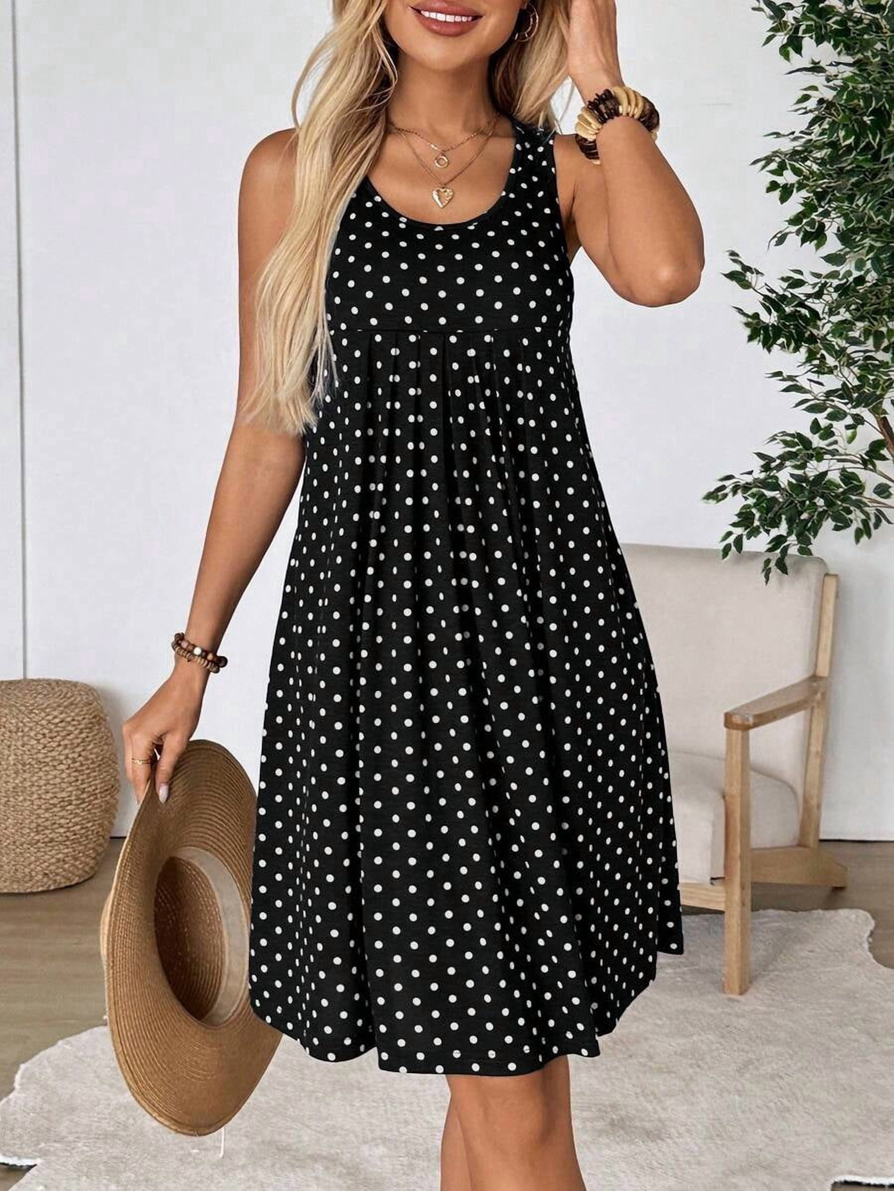 Black Womens Sleeveless Polka Dot A-Line Short Dress For Summer Casual ...