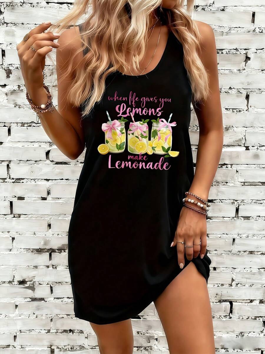 Black Womens Sleeveless Tank Dress With Lemonade Graphic Print, Casual ...