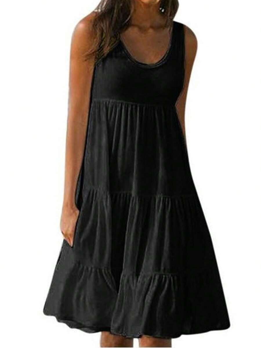 Black Womens Sleeveless Tiered A-Line Sundress Boho Casual Swing Dress ...