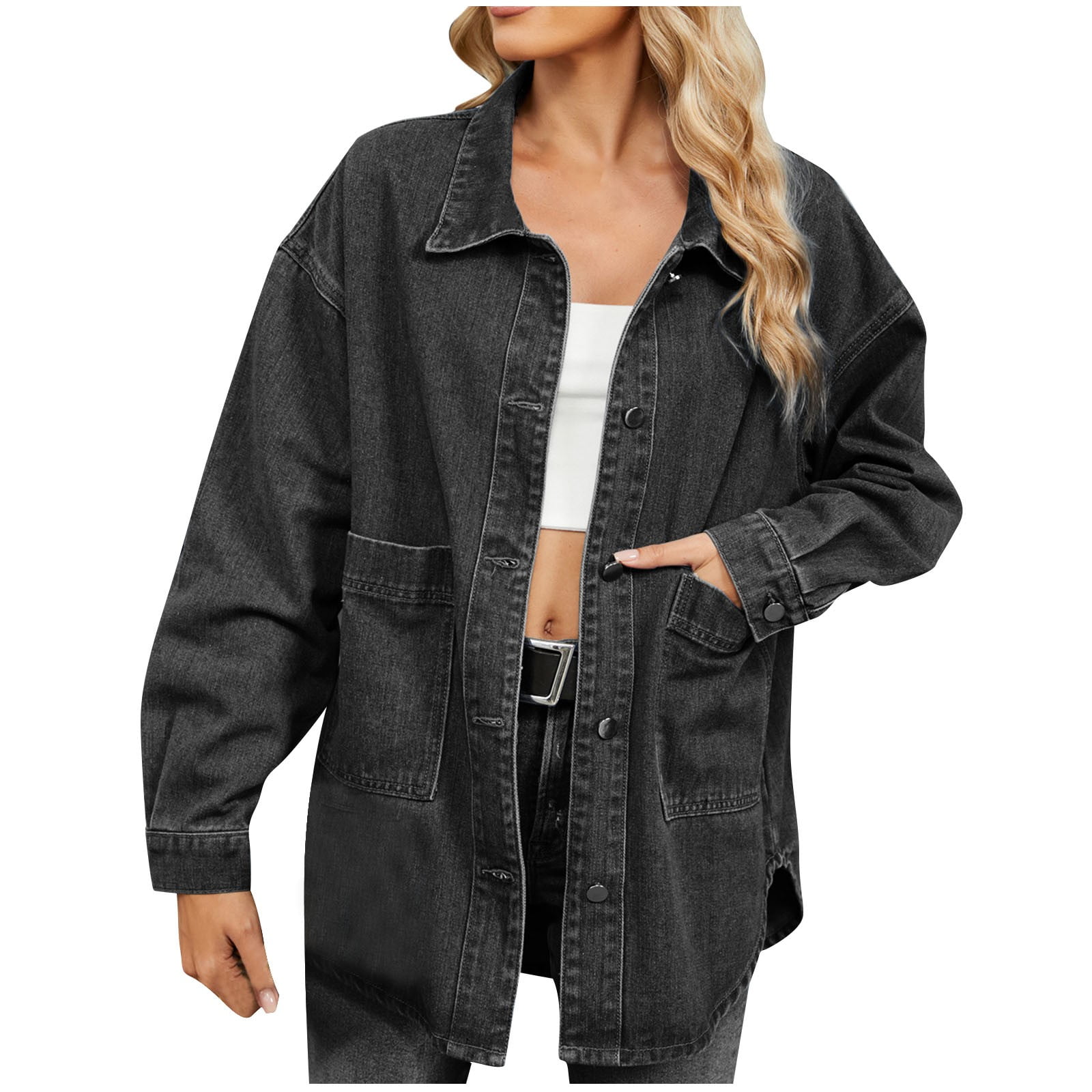 Black Womens Slimming Tunic Jackets Coats for Ladies Denim Casual Going ...