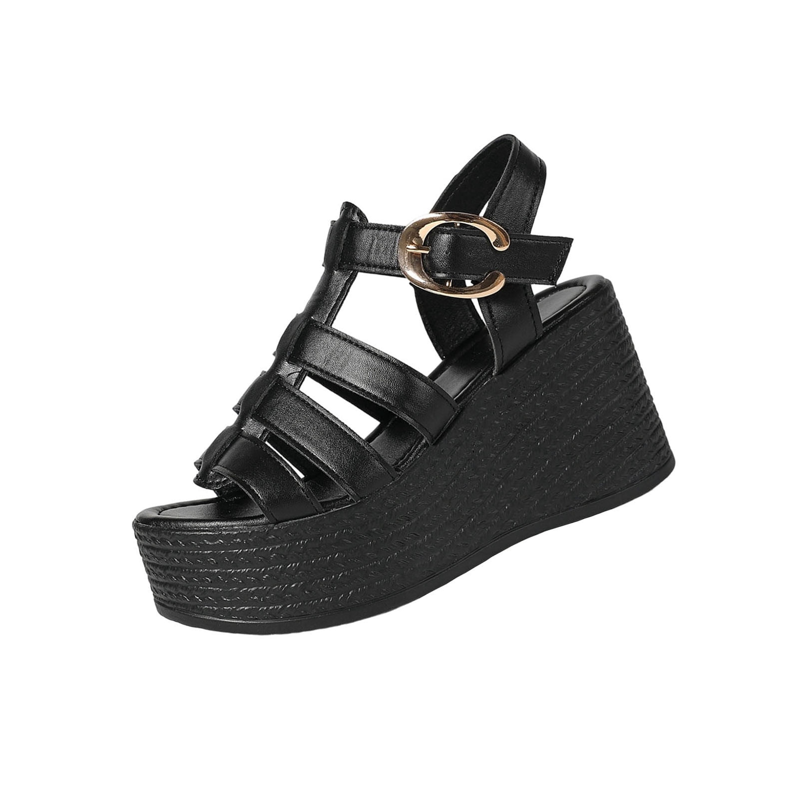 Black Womens Slip On Solid Color Round Toe Open Toe Buckle Wedge ...