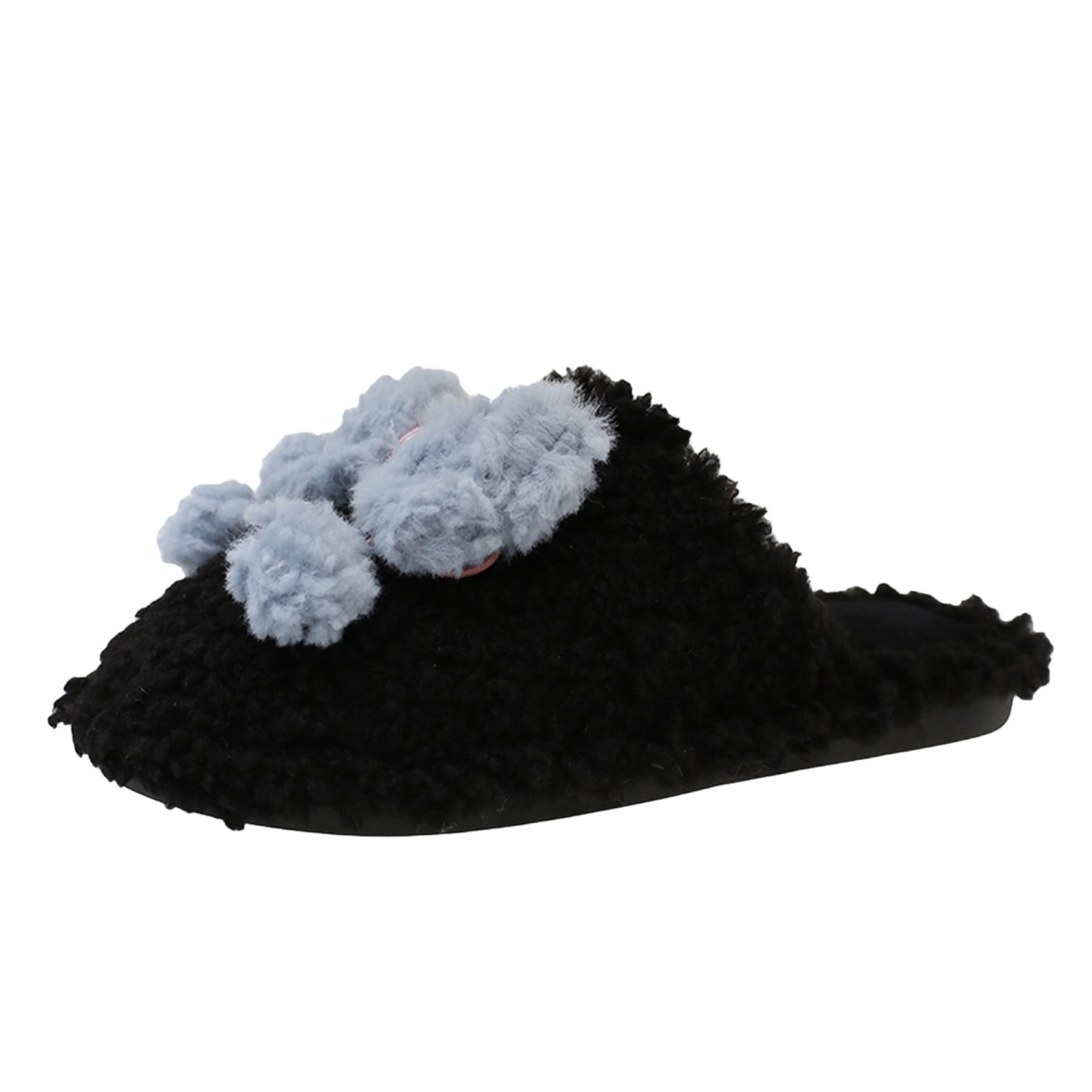 Black Womens Slippers For Fall And Winter Bow Detail Flat Soft Sole ...