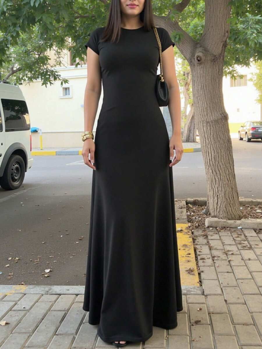 Black Womens Solid Color Fitted Waist Maxi Dress With Short Sleeves For ...